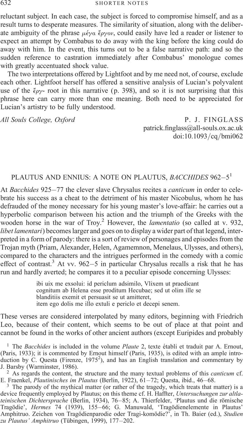 PLAUTUS AND ENNIUS: A NOTE ON PLAUTUS, BACCHIDES 962–51 | The Classical ...