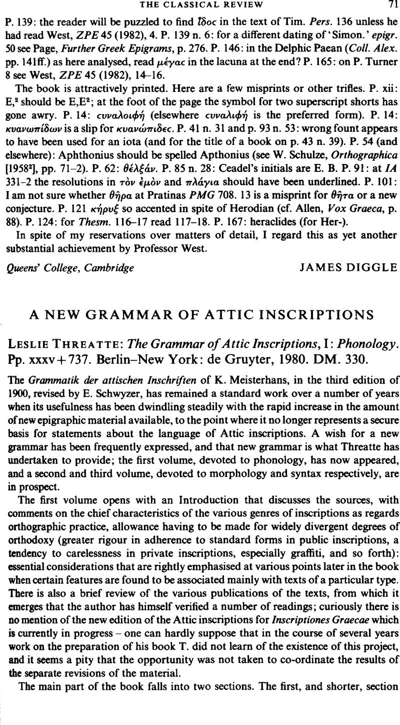 A New Grammar of Attic Inscriptions - Leslie Threatte: The Grammar of ...