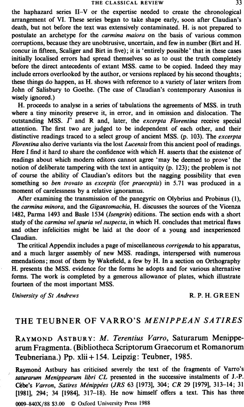 The Teubner of Varro's Menippean Satires - Raymond Astbury: M ...