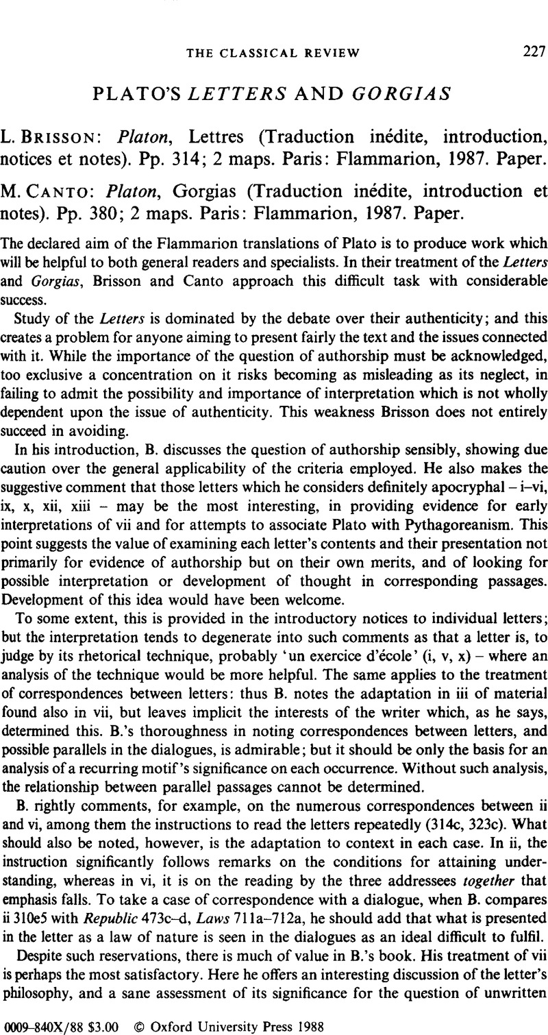 Plato's Letters and Gorgias - L. Brisson: Platon, Lettres (Traduction ...