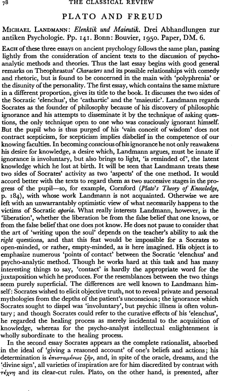 Plato and Freud - Michael Landmann: Elenktik und Maieutik. Drei ...