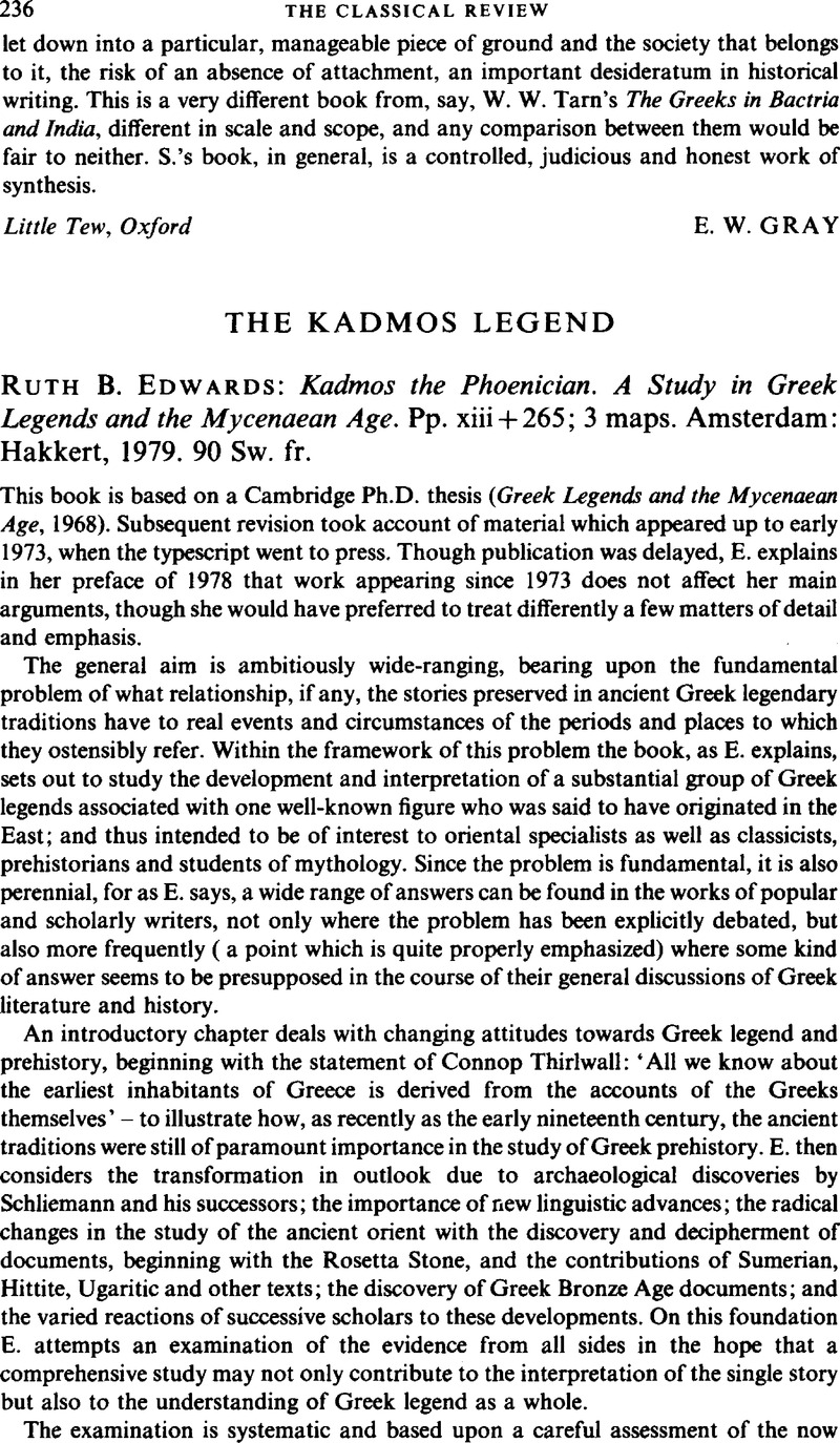 The Kadmos Legend - Ruth B. Edwards: Kadmos the Phoenician. A Study in ...