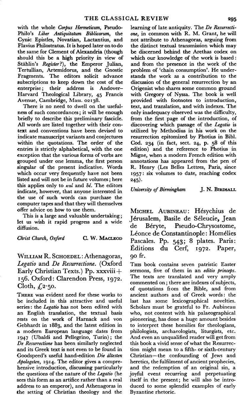 William R. Schoedel : Athenagoras, Legatio and De Resurrectione ...