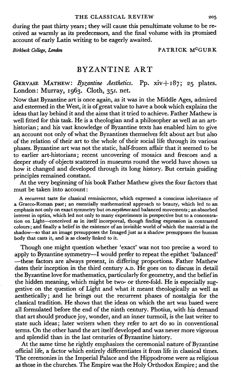 Byzantine Art - Gervase Mathew: Byzantine Aesthetics. Pp. xiv+187; 25 ...
