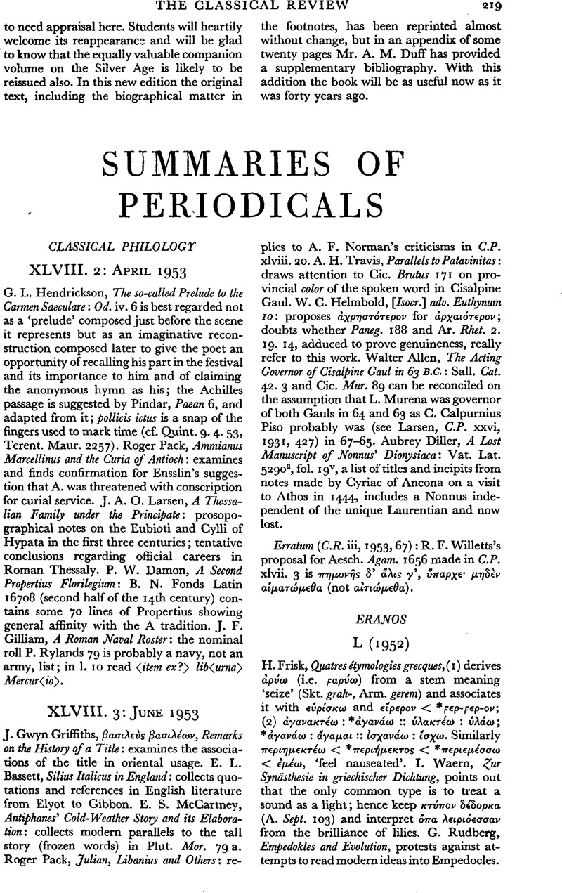 Summaries of Periodicals | The Classical Review | Cambridge Core