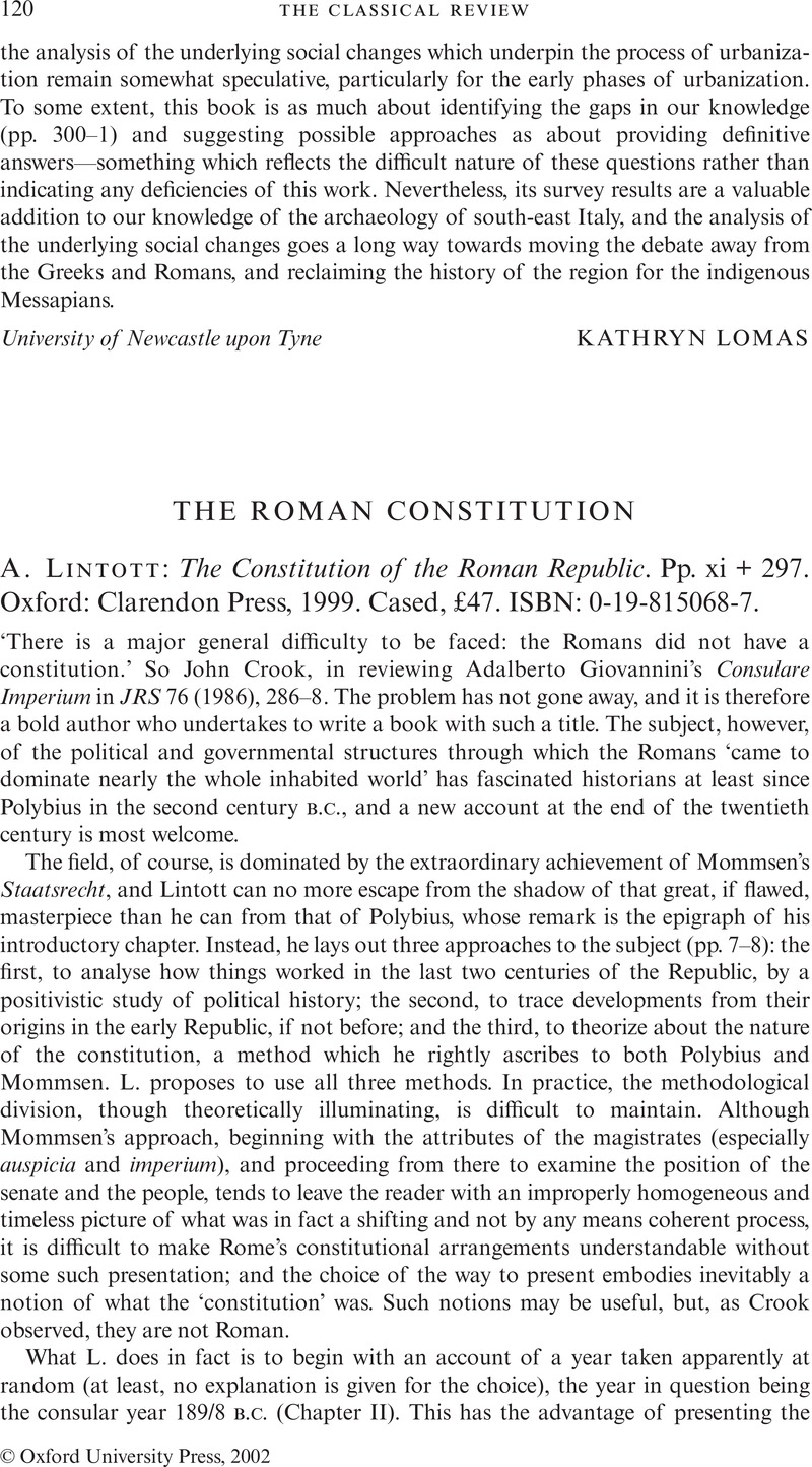 THE ROMAN CONSTITUTION | The Classical Review | Cambridge Core