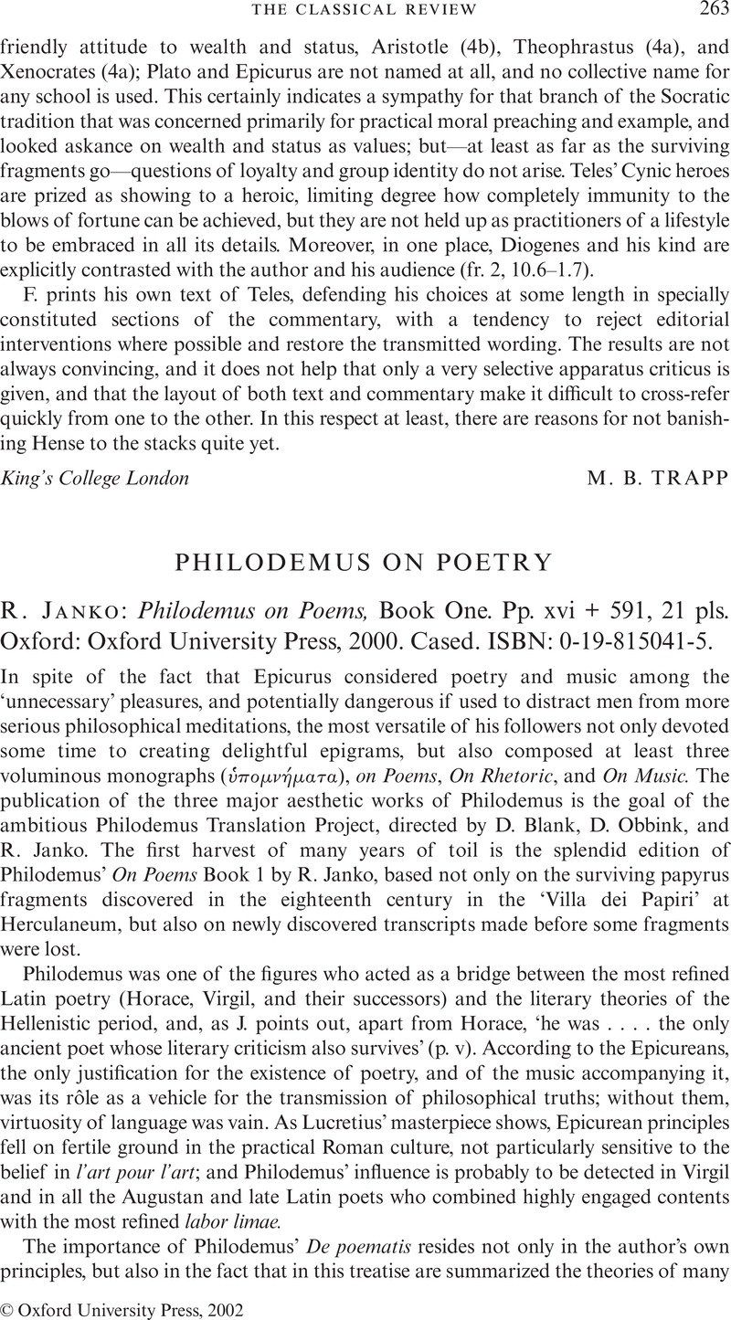 PHILODEMUS ON POETRY | The Classical Review | Cambridge Core