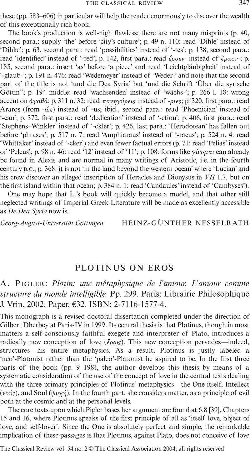 PLOTINUS ON EROS | The Classical Review | Cambridge Core