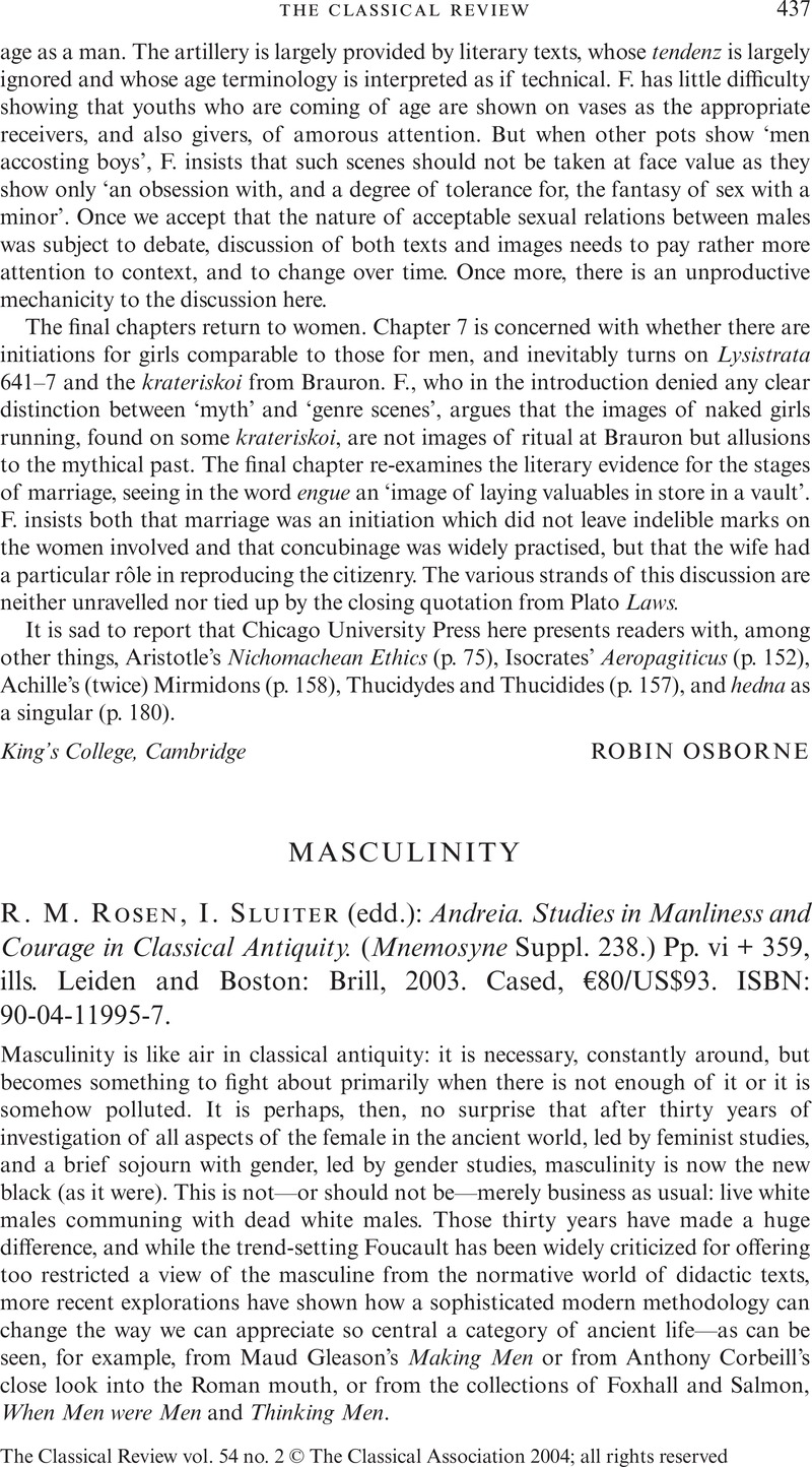 MASCULINITY | The Classical Review | Cambridge Core