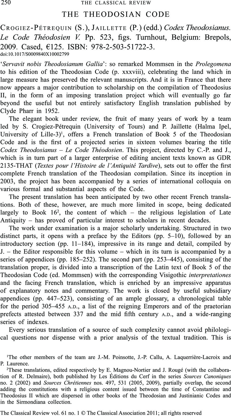 The Theodosian Code - (S.) Crogiez-Pétrequin, (P.) Jaillette (edd ...