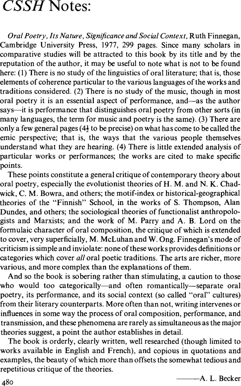 Oral Poetry, Its Nature, Significance and Social Context, Finnegan Ruth ...