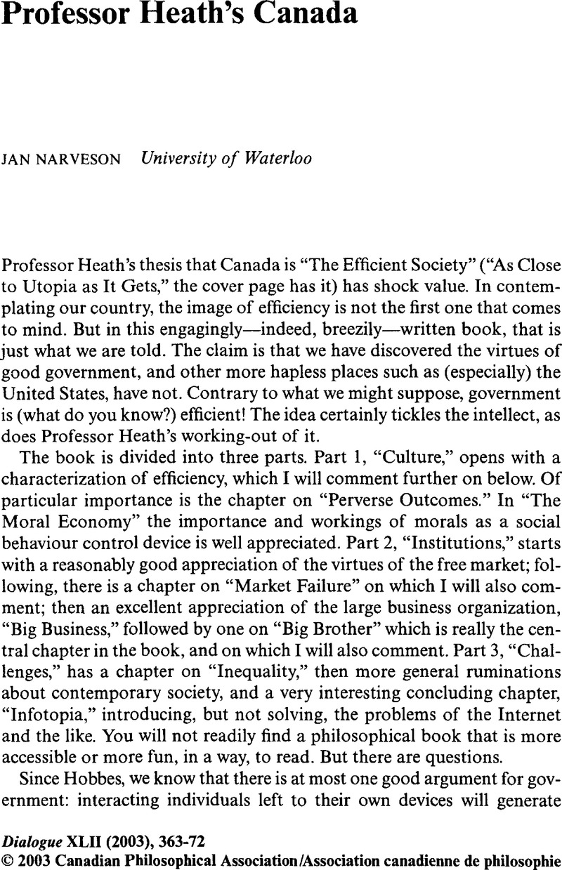 Professor Heath's Canada | Dialogue: Canadian Philosophical Review ...