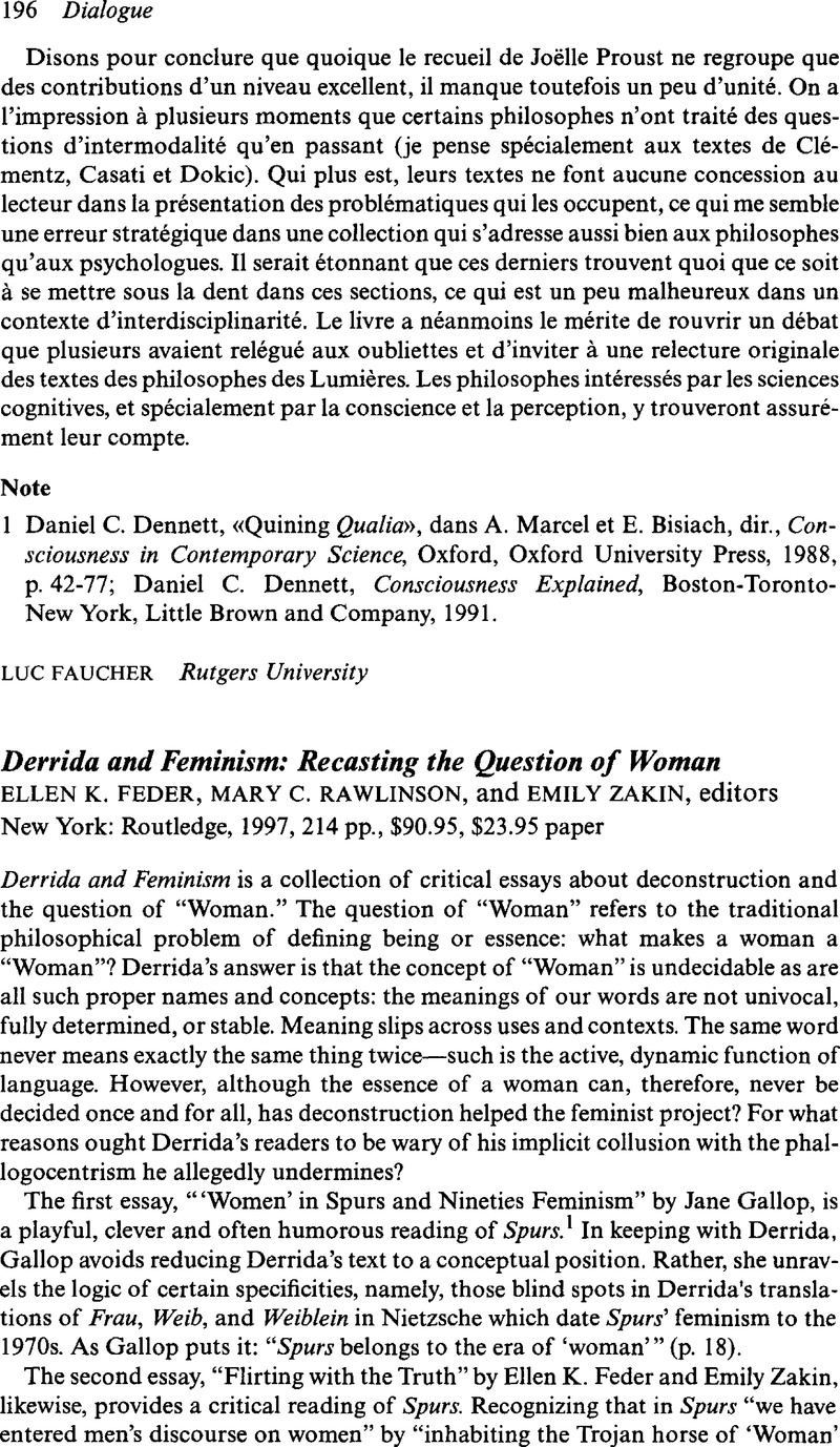 Derrida and Feminism: Recasting the Question of WomanEllen K. Feder ...