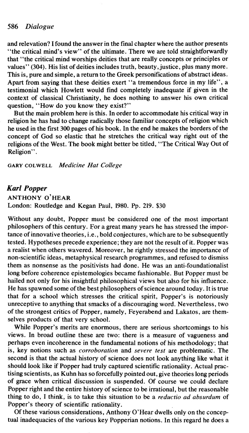 Karl PopperAnthony O'Hear London: Routledge and Kegan Paul, 1980. Pp ...