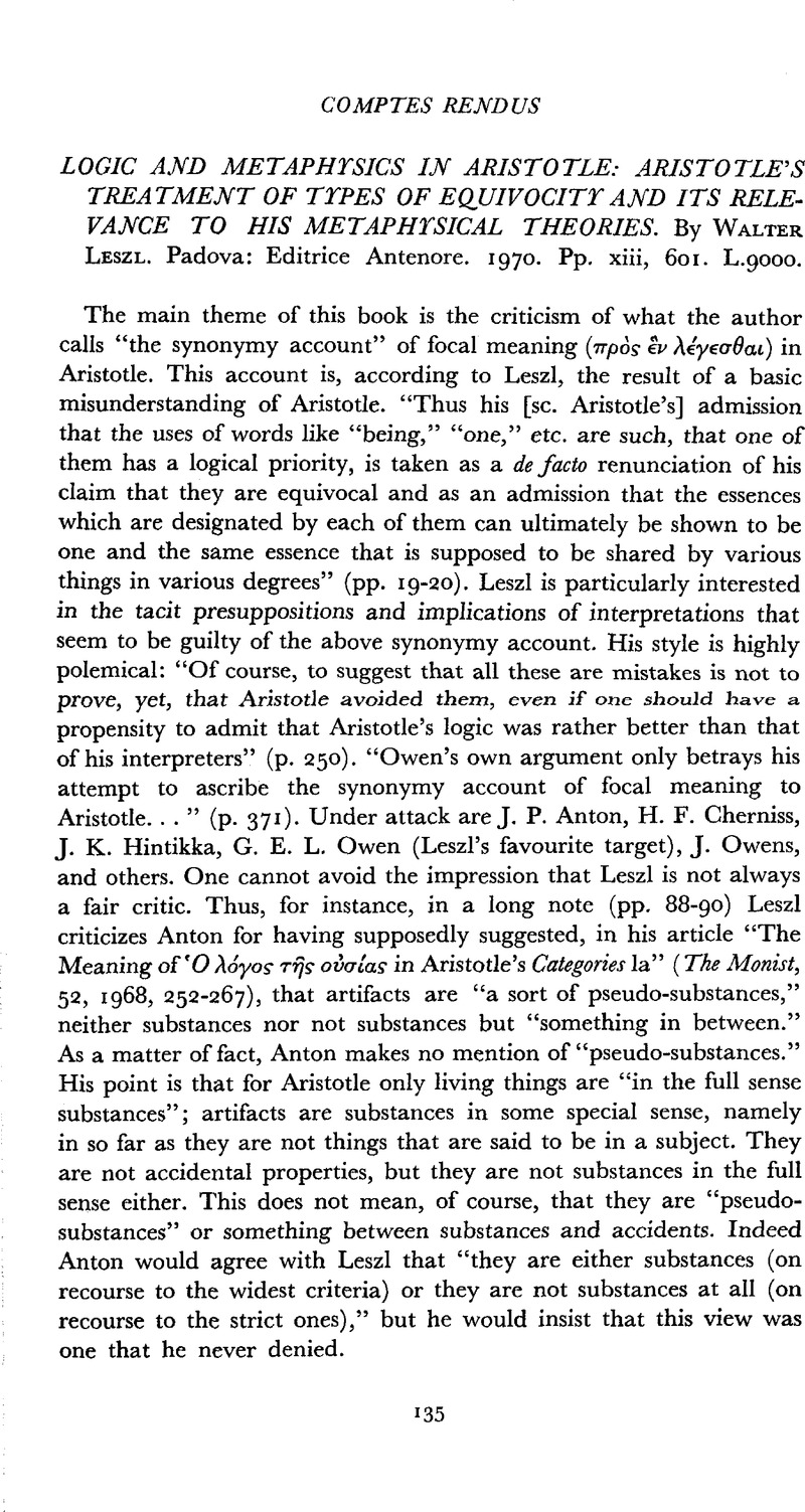 Logic and Metaphysics in Aristotle: Aristotle's Treatment of Types of ...