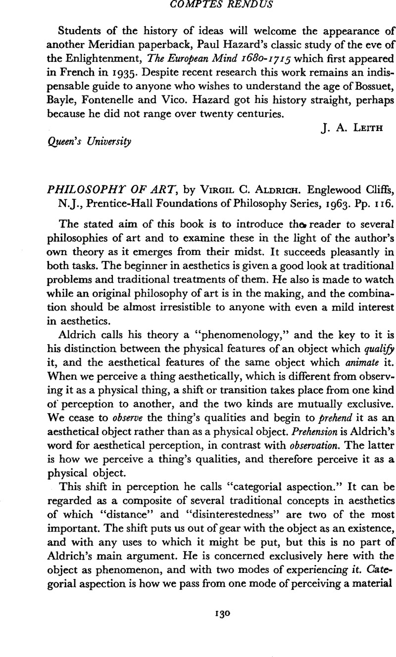 Philosophy of Art, by Virgil C. Aldrich. Englewood Cliffs, N.J ...