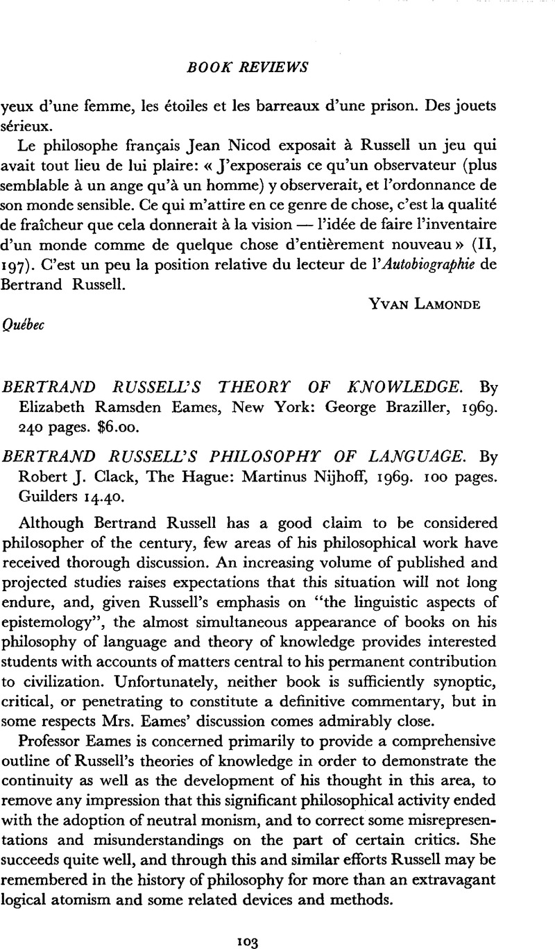 Bertrand Russell's Theory of Knowledge. By Elizabeth Ramsden Eames, New ...