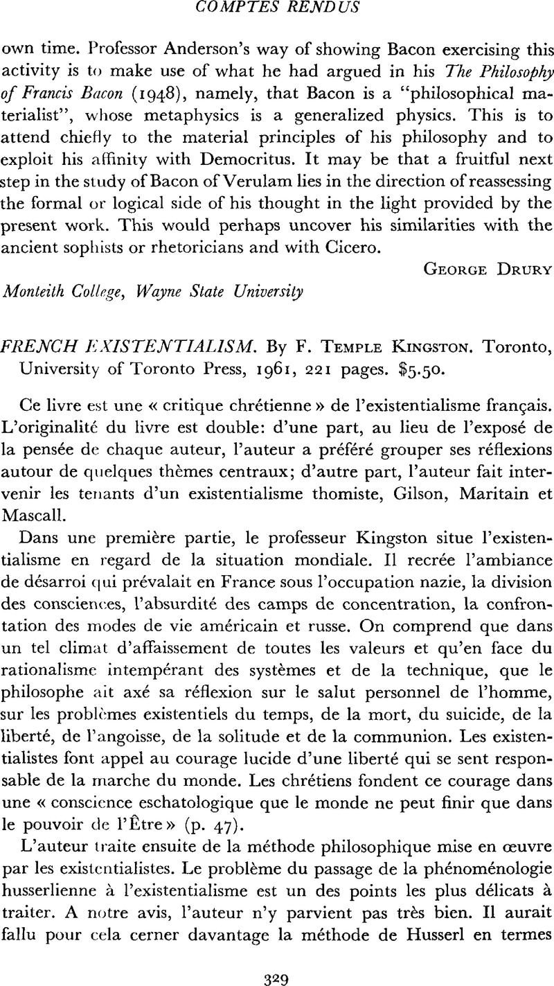 French Existentialism. By F. Temple Kingston. Toronto, University of ...