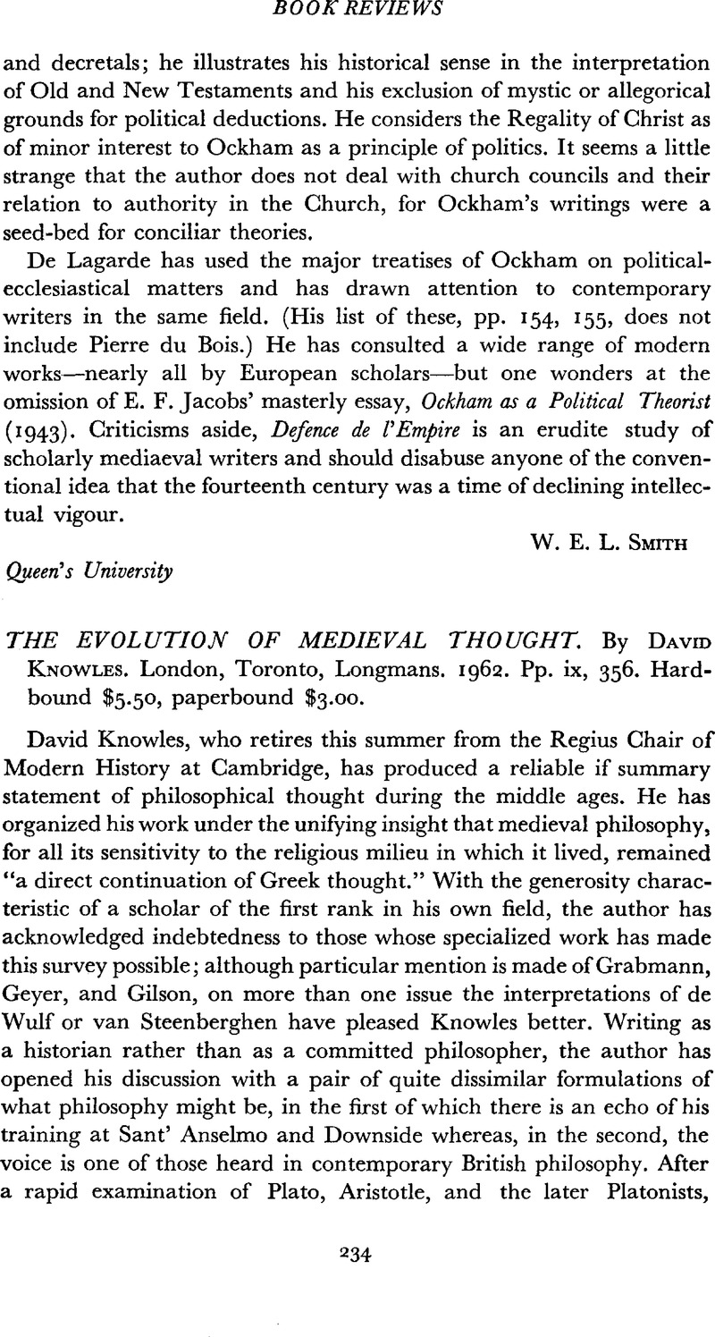 The Evolution of Medieval Thought. By David Knowles. London, Toronto ...