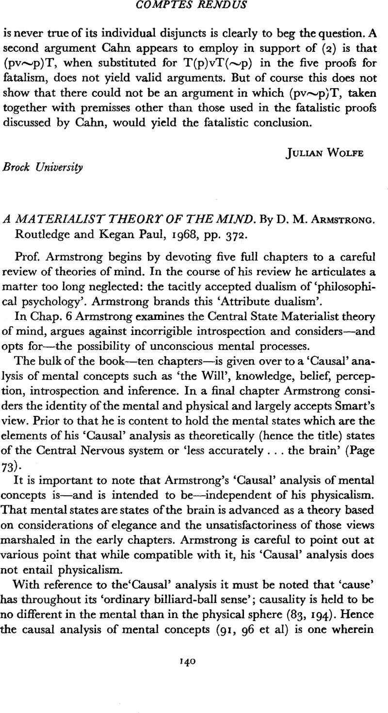 A Materialist Theory of the Mind. By D. M. Armstrong. Routledge and ...