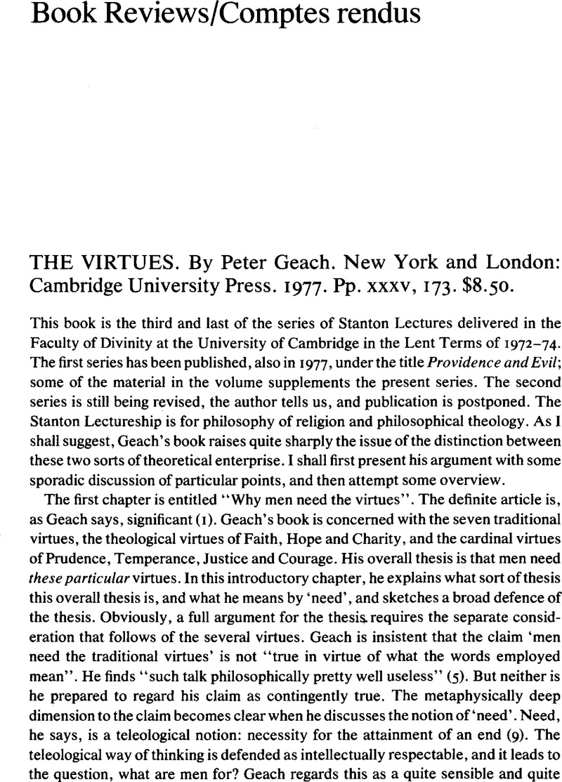 The Virtues. By Peter Geach. New York and London: Cambridge University ...