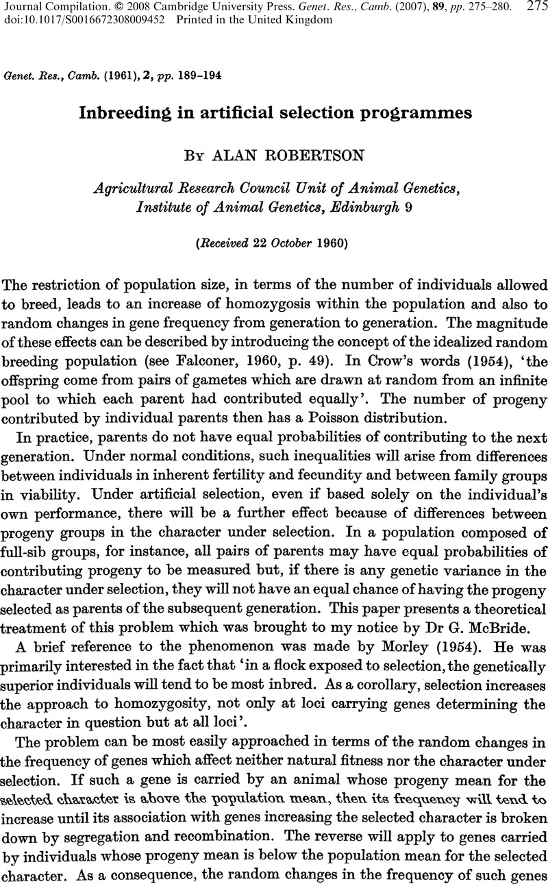 Inbreeding in artificial selection programmes | Genetics Research ...