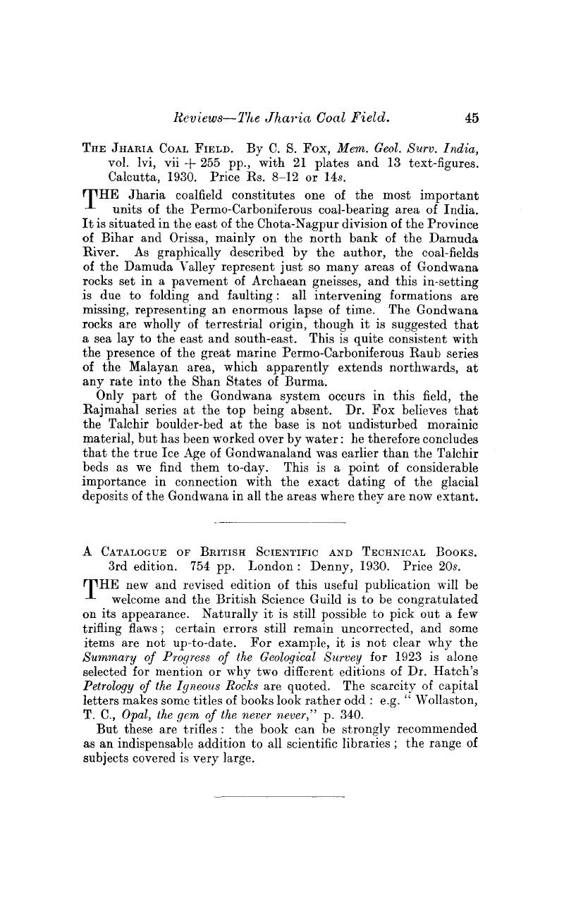 The Jharia Coal Field. By C. S. Fox, Mem. Geol. Surv. India, vol. lvi ...