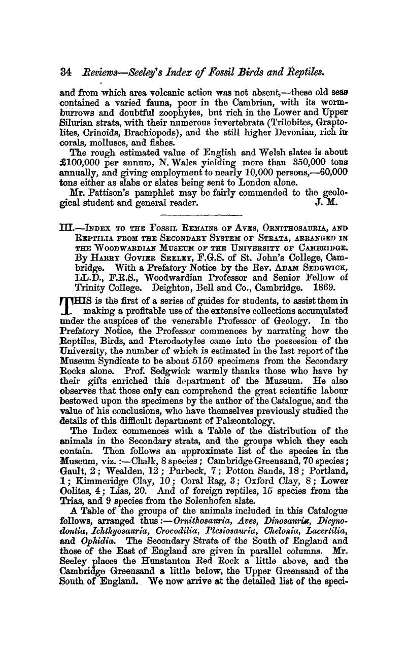 III.—Index to the Fossil Remains of Aves, Ornithosauria, and Reptilia ...