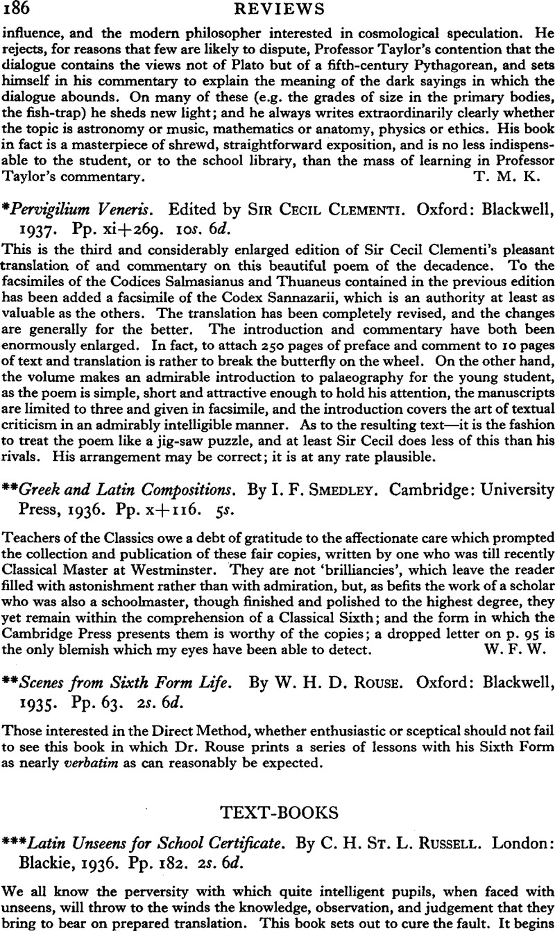* Pervigilium Veneris. Edited by SirCecil Clementi. Oxford: Blackwell ...