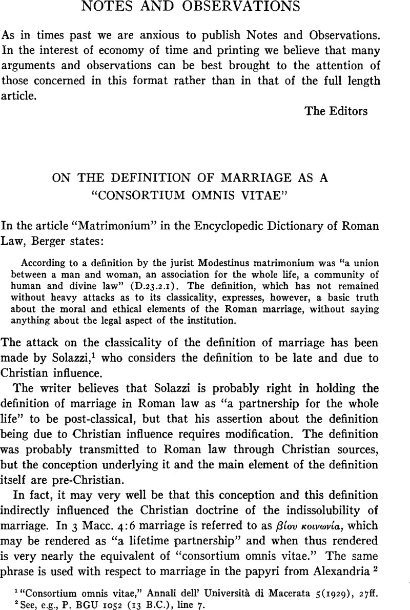 On the Definition of Marriage as a “Consortium Omnis Vitae” | Harvard ...