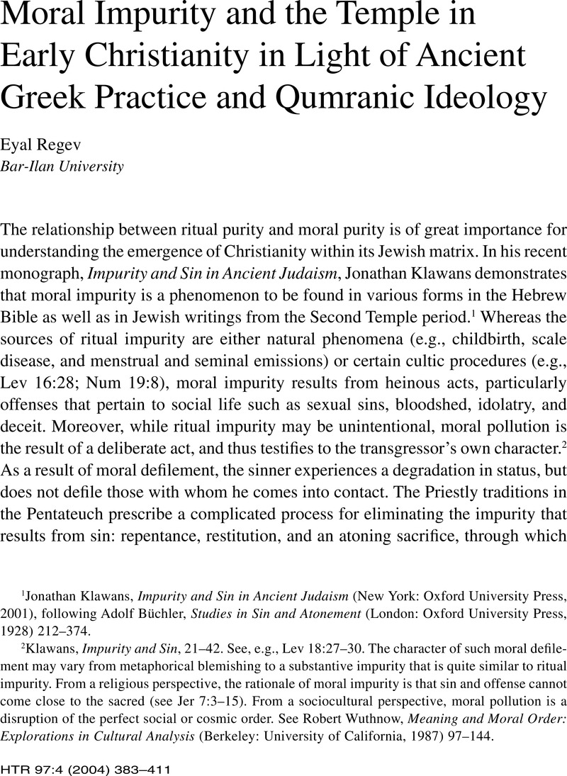 Moral Impurity and the Temple in Early Christianity in Light of Ancient ...