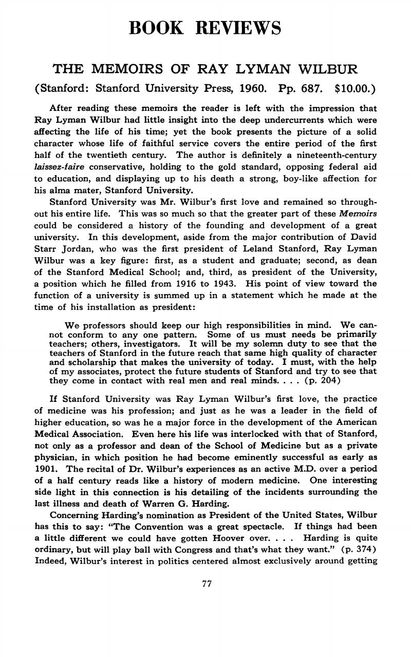 The Memoirs of Ray Lyman Wilbur. (Stanford: Stanford University Press ...