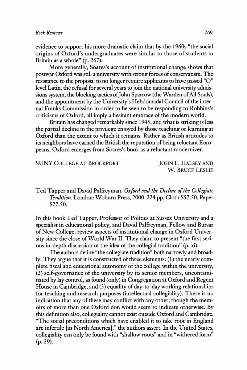 Ted Tapper and David Palfreyman. Oxford and the Decline of the ...