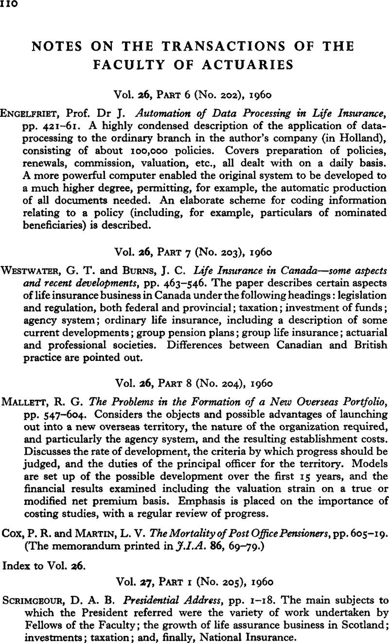 Notes on the Transactions of the Faculty of Actuaries | Journal of the ...