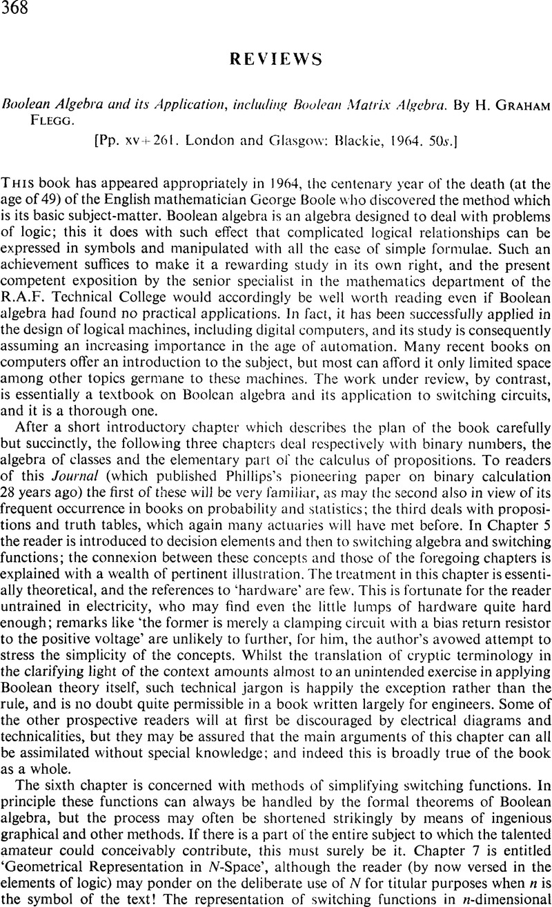 Boolean Algebra And Its Application Including Boolean Matrix Algebra By H Graham Flegg [pp
