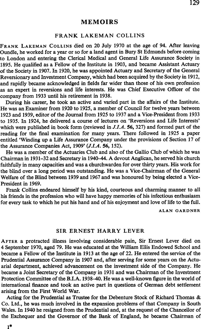 Sir Ernest Harry Lever | Journal of the Institute of Actuaries ...