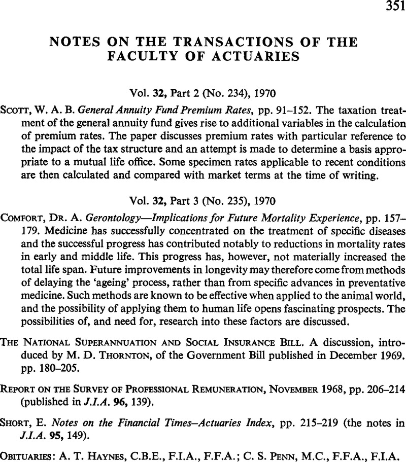 Notes on the Transactions of the Faculty of Actuaries | Journal of the ...