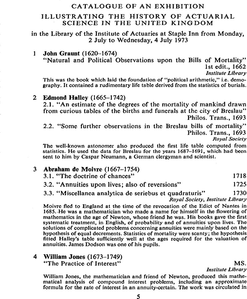 Catalogue of an Exhibition: Illustrating the History of Actuarial ...
