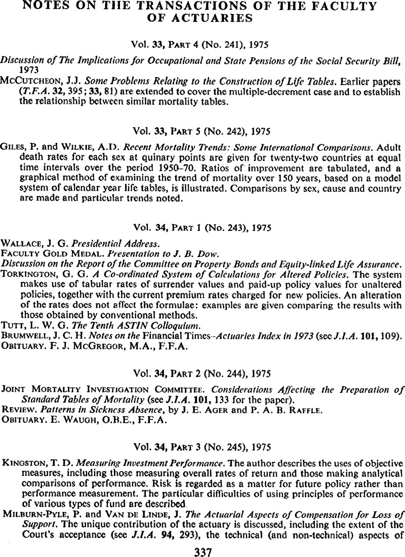 Notes on the Transactions of the Faculty of Actuaries | Journal of the ...