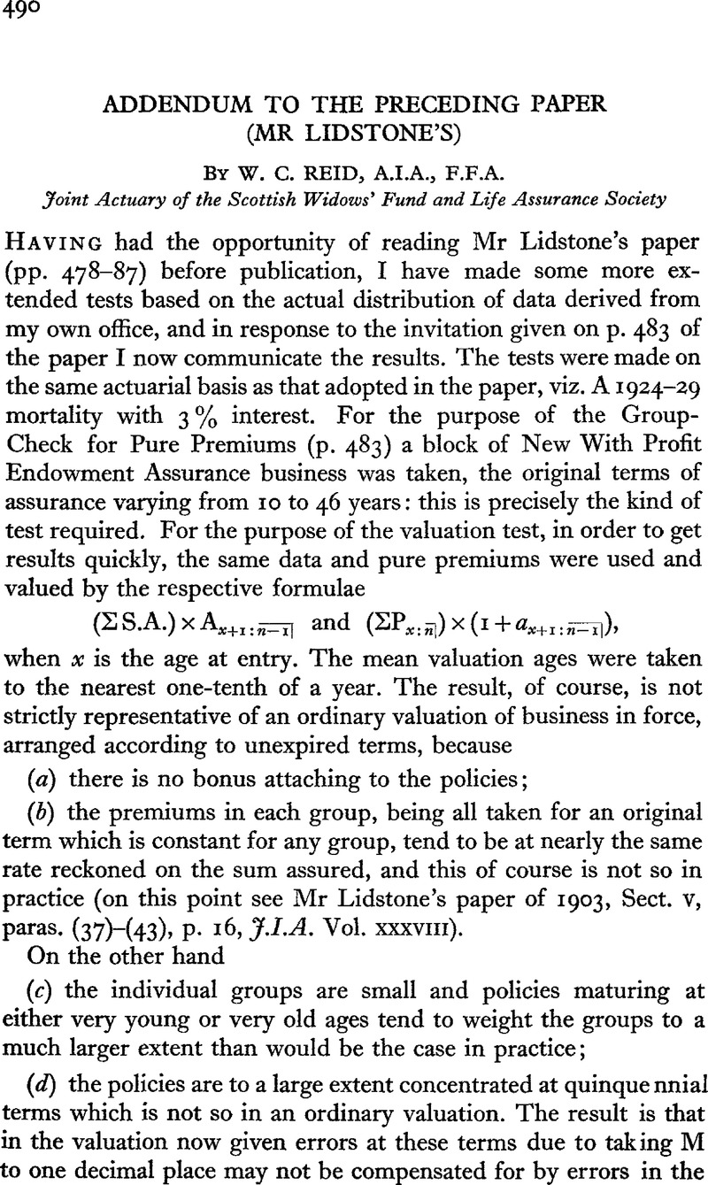 ‘Addendum to the Preceding Paper (Mr Lidstone’s) | Journal of the ...