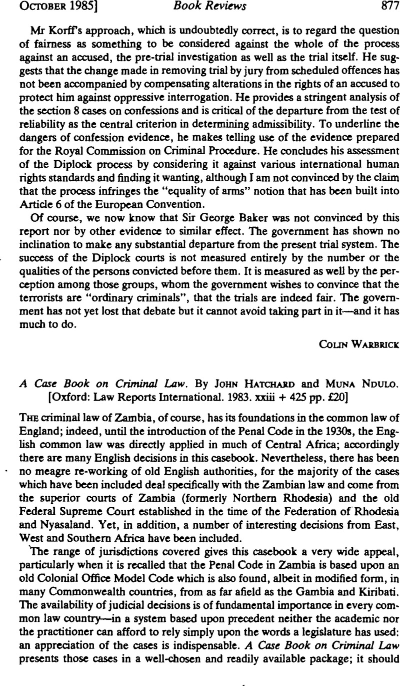 A Case Book on Criminal Law. By John Hatchard and Muna Ndulo. [Oxford ...