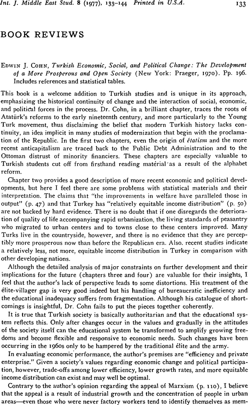 Edwin J. Cohn, Turkish Economic, Social, and Political Change: The ...