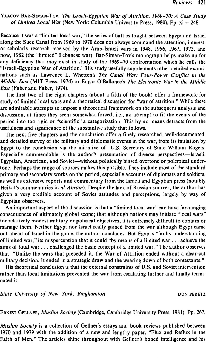 Yaacov Bar-Siman-Tov, The Israeli-Egyptian War of Attrition, 1969–1970 ...
