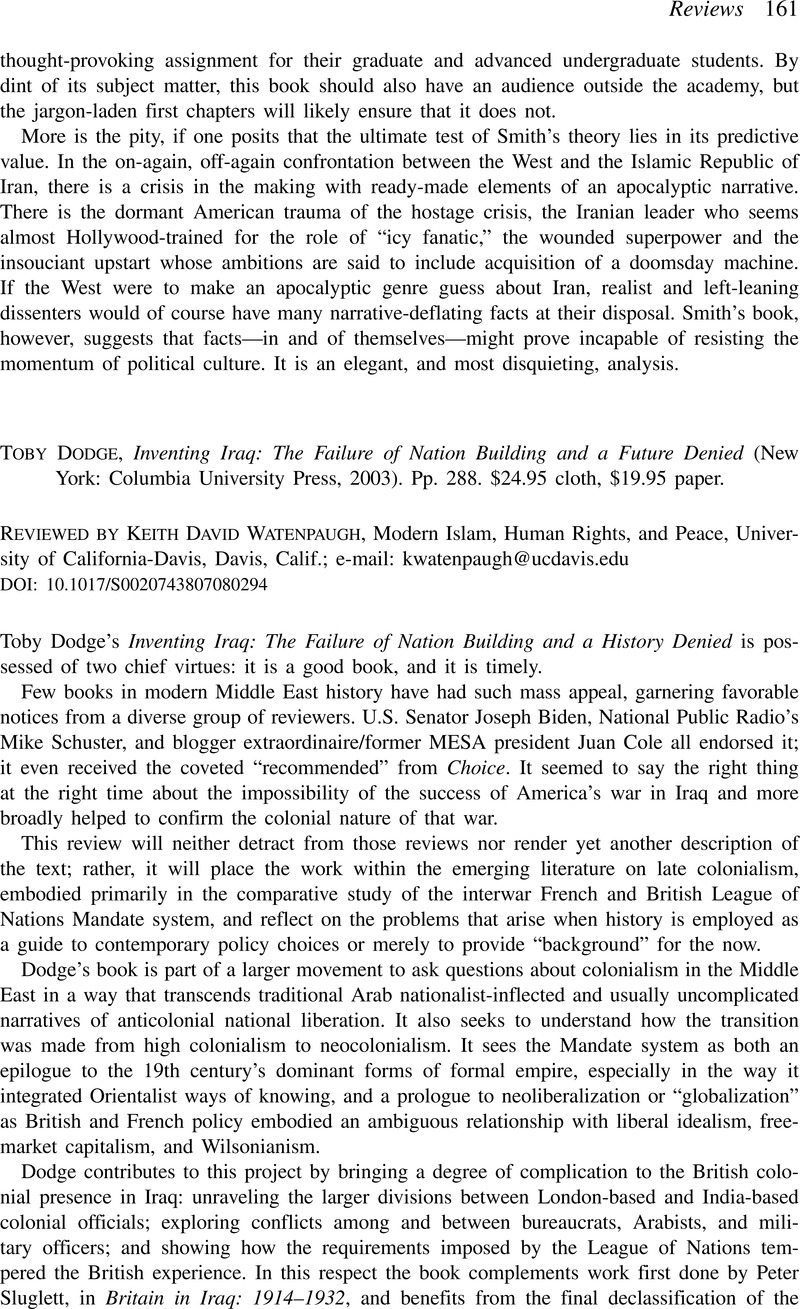 Toby Dodge, Inventing Iraq: The Failure of Nation Building and a Future ...