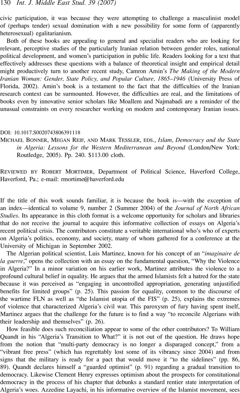 MICHAEL BONNER, MEGAN REIF, AND MARK TESSLER, EDS. Islam, Democracy and ...