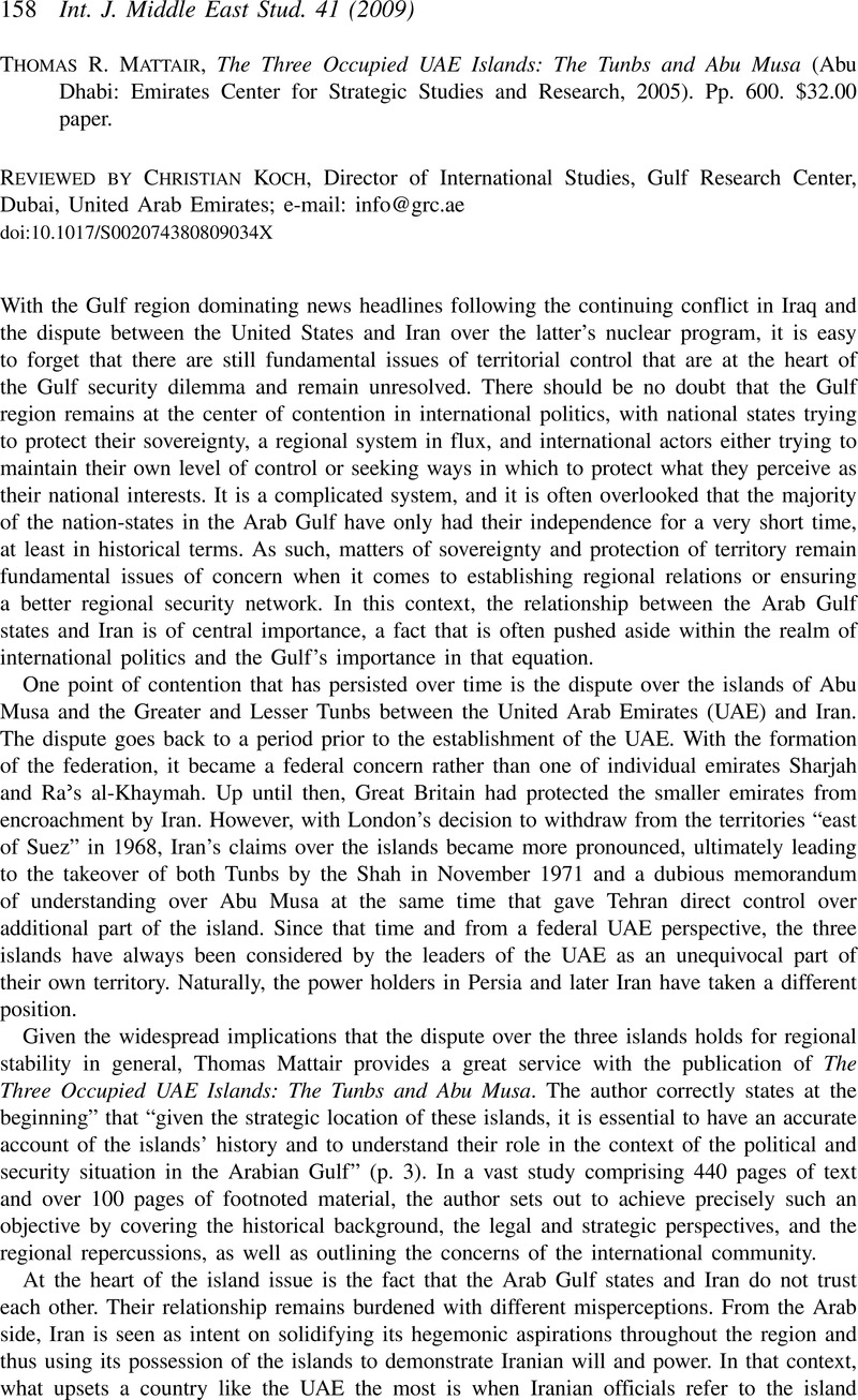 Thomas R. Mattair, The Three Occupied UAE Islands: The Tunbs and Abu ...