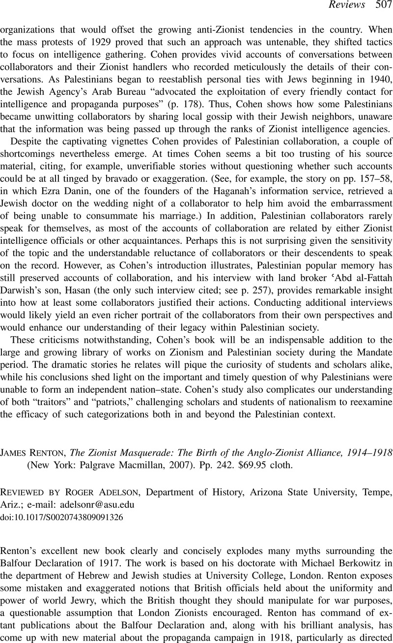 James Renton, The Zionist Masquerade: The Birth of the Anglo-Zionist ...