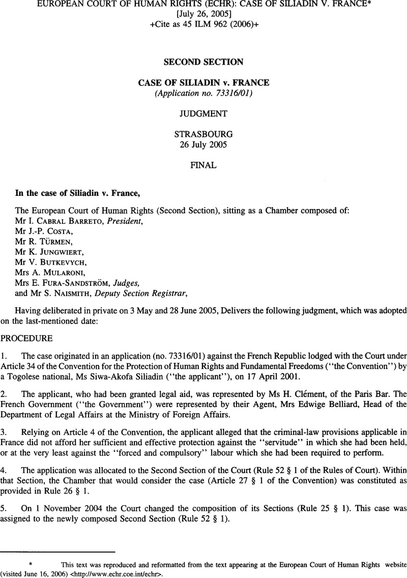 European Court of Human Rights (ECHR): Case of Siliadin v. France ...