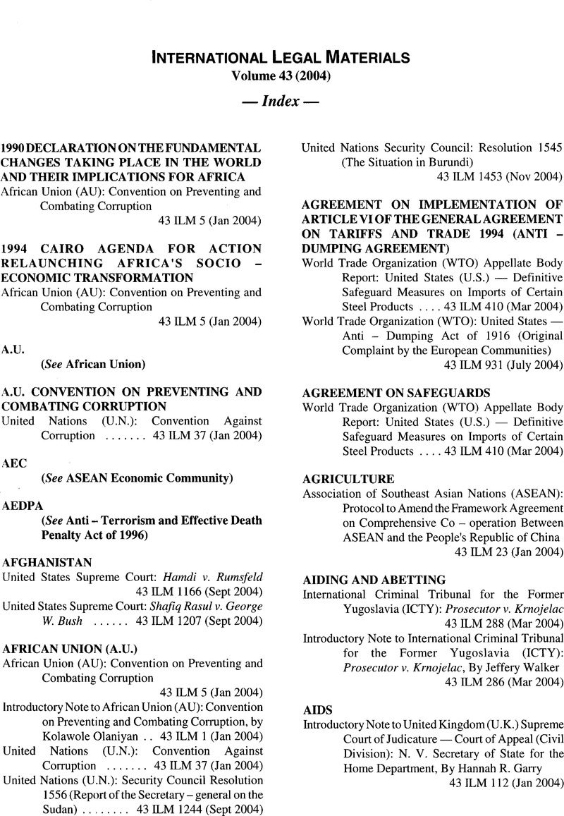 Index to ILM Volume 43 | International Legal Materials | Cambridge Core