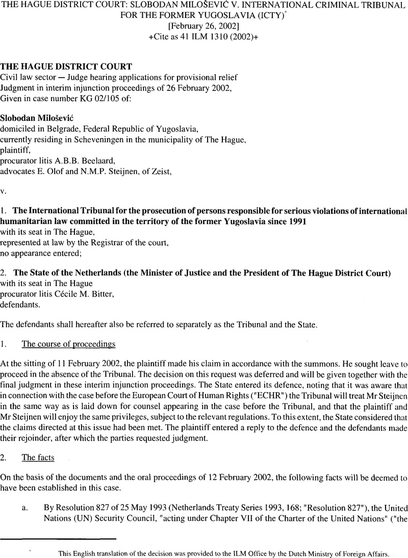 The Hague District Court: Slobodan Milošević v. International Criminal ...